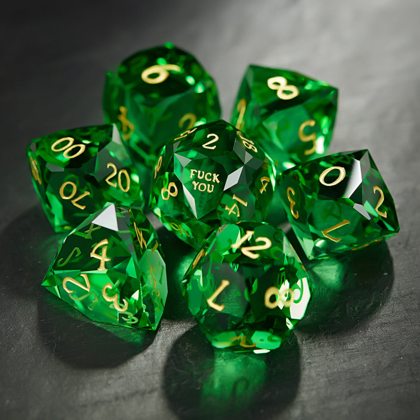 Multifaceted Grass Green Glass F Word DnD D&D Dice Set – CrystalMaggie