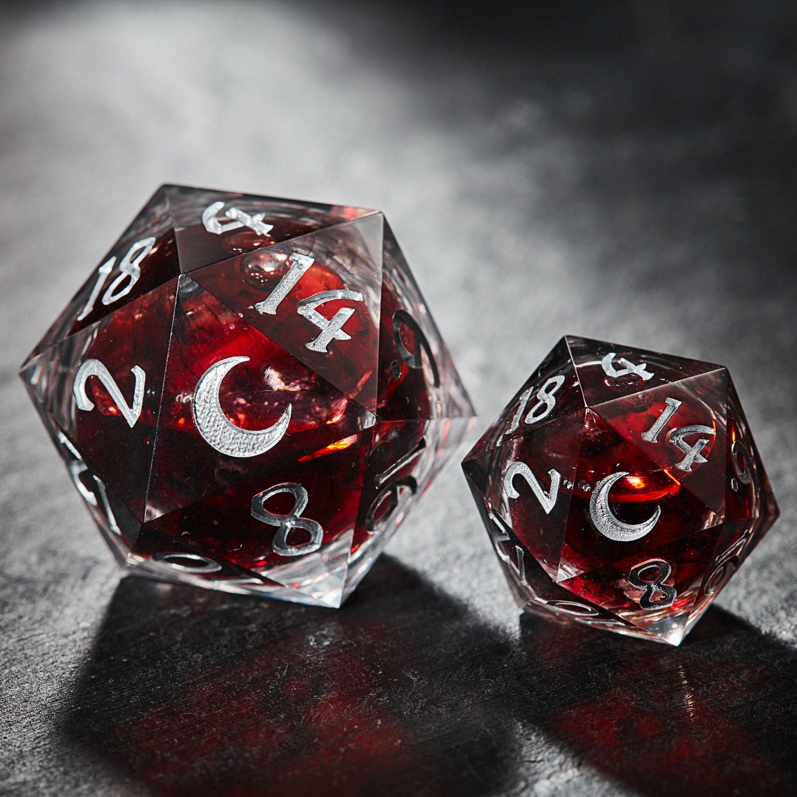 Blood Red Liquid Core Resin Moon DnD D&D Dice Set