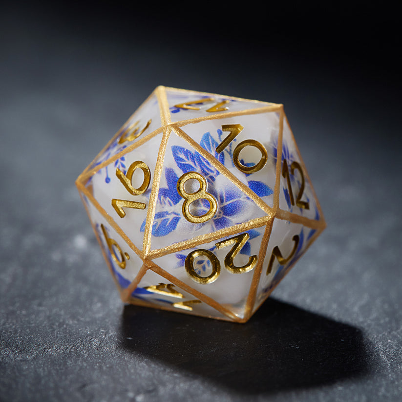 Gold Edged Blue Flower Resin DnD D&D Dice Set – CrystalMaggie