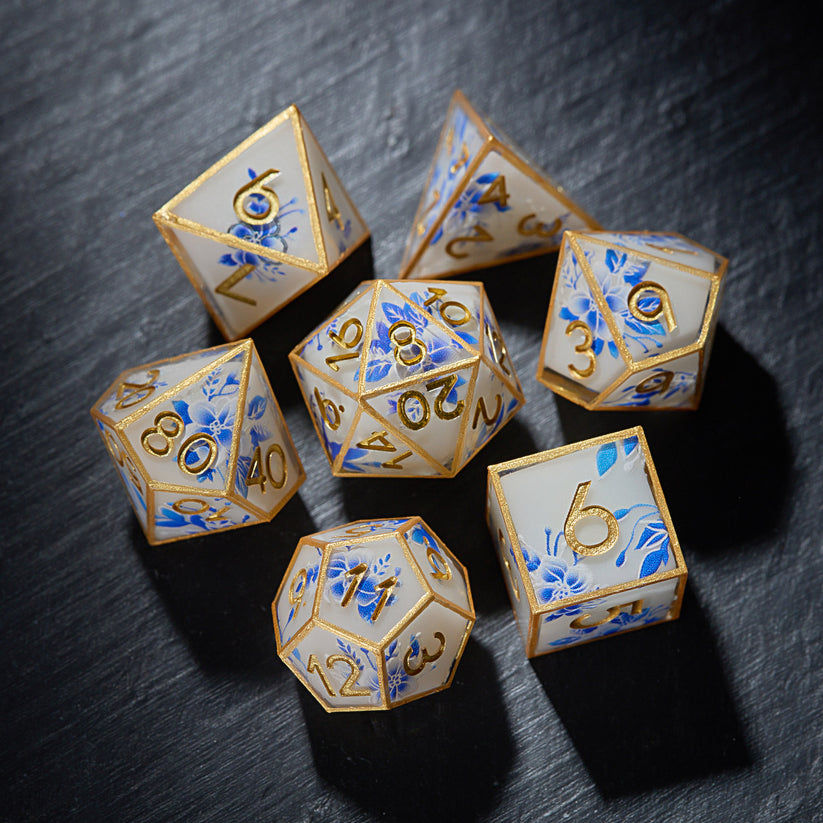 Gold Edged Blue Flower Resin DnD D&D Dice Set – CrystalMaggie