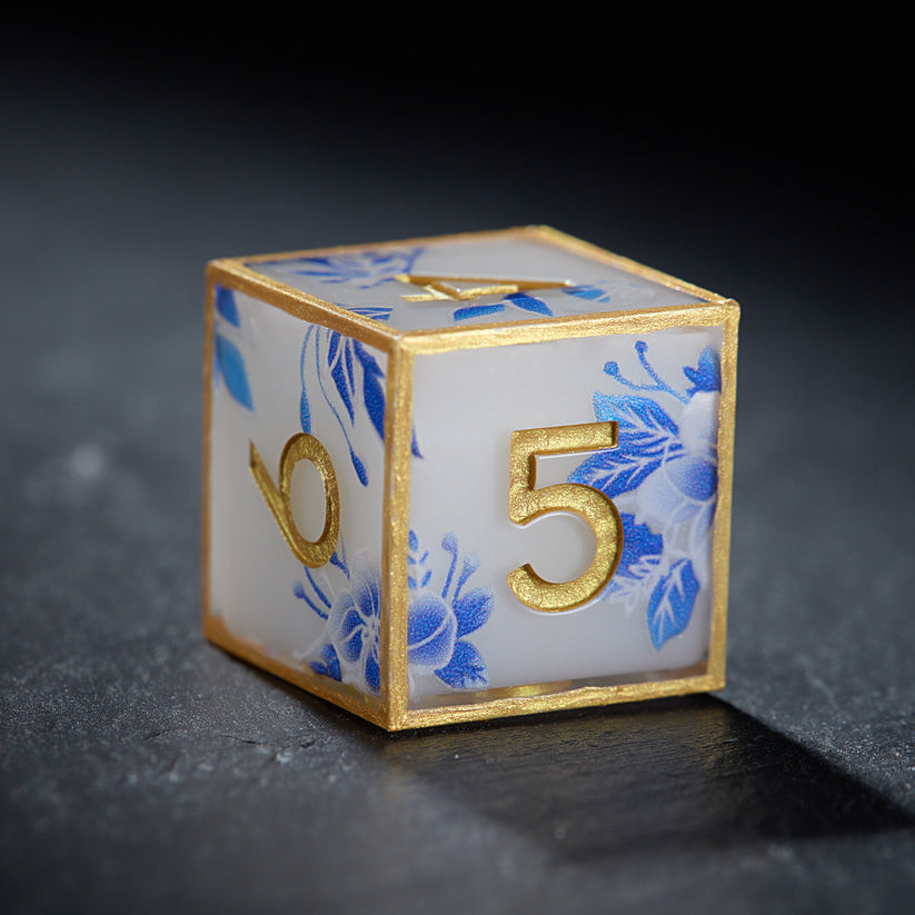 Gold Edged Blue Flower Resin DnD D&D Dice Set – CrystalMaggie
