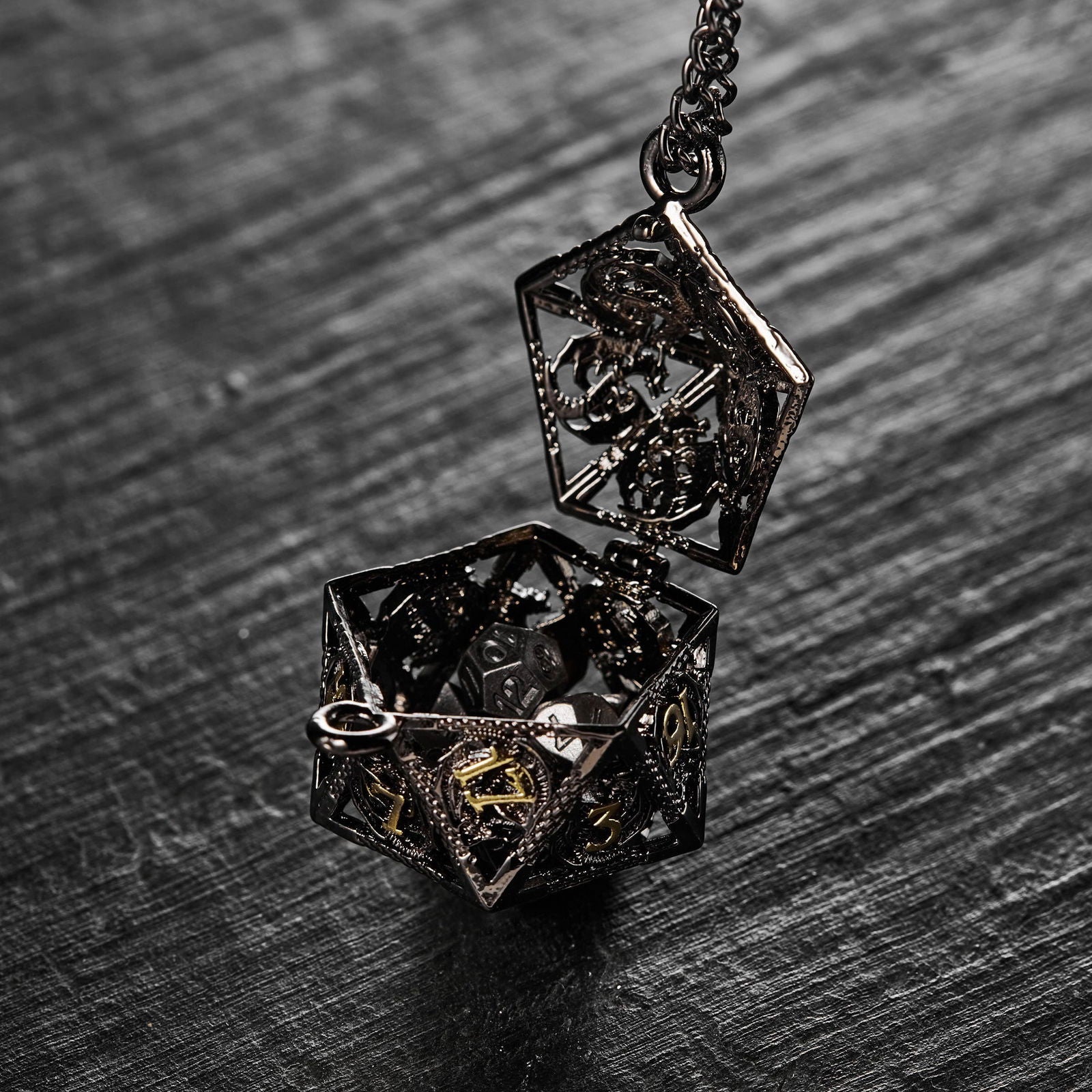 Micro Mini Metal DnD D&D Dice Set Black D20 Dice Cage Necklace ...