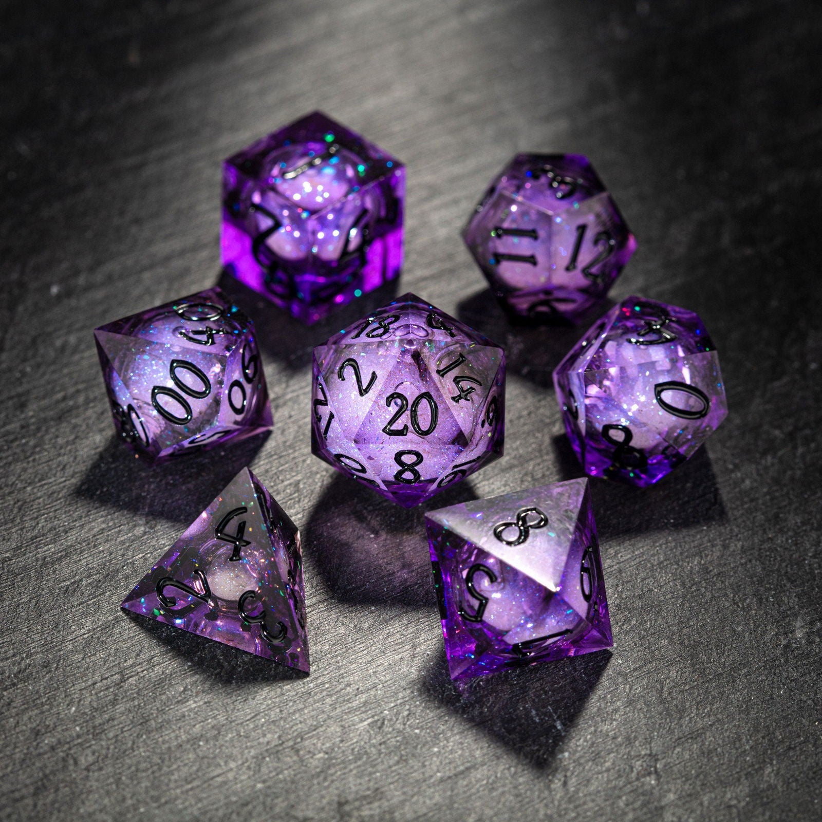 Purple Liquid Core Resin Galaxy DnD D&D Dice Set – CrystalMaggie