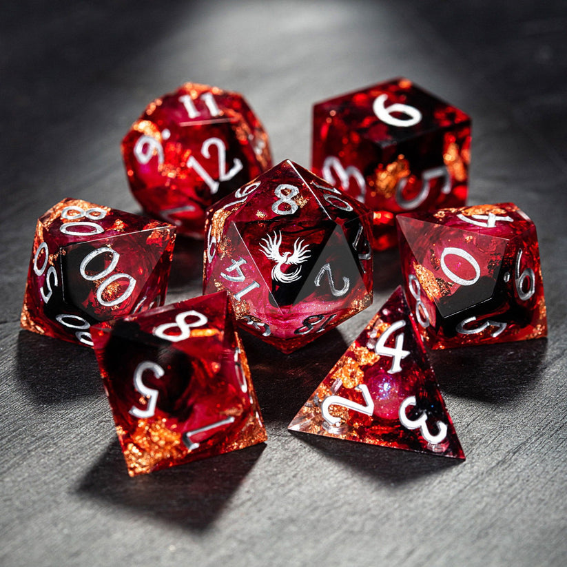 Red Glitter Liquid Core Resin Phoenix DnD D&D Dice Set – CrystalMaggie