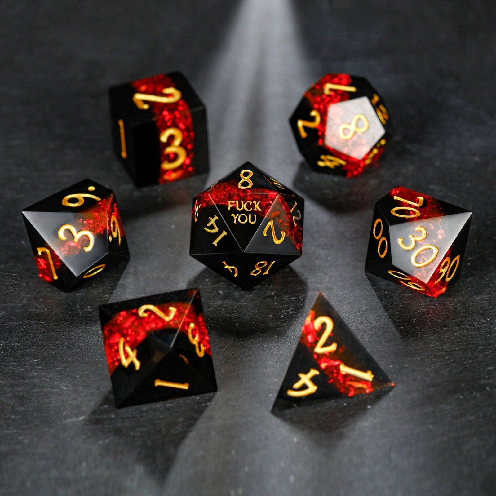 Red Tinsel Resin F Word DnD D&D Dice Set – CrystalMaggie