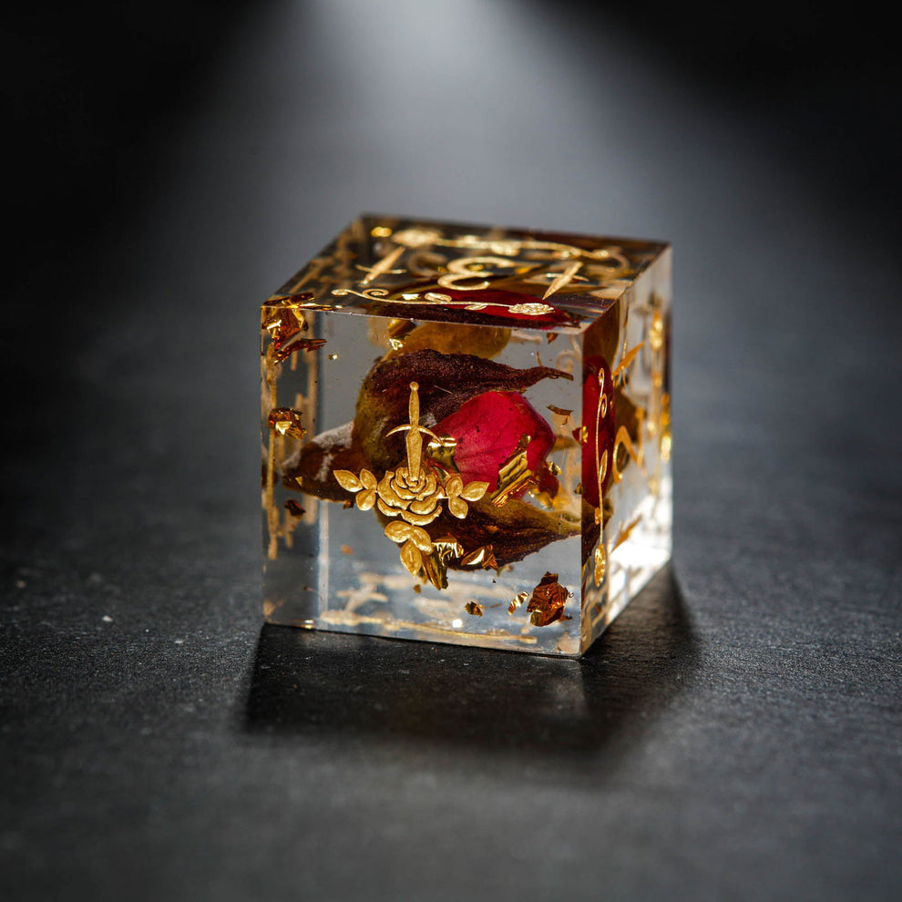 Rose Bud Glitter Resin Rogue Rose Motif DnD D&D Dice Set – CrystalMaggie