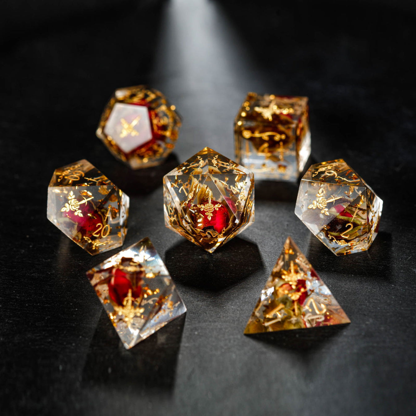 Rose Bud Glitter Resin Rogue Rose Motif DnD D&D Dice Set – CrystalMaggie