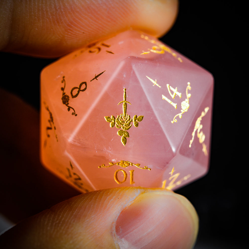 Rose Quartz Gemstone Rogue Rose Motif DnD D&D Dice Set – CrystalMaggie