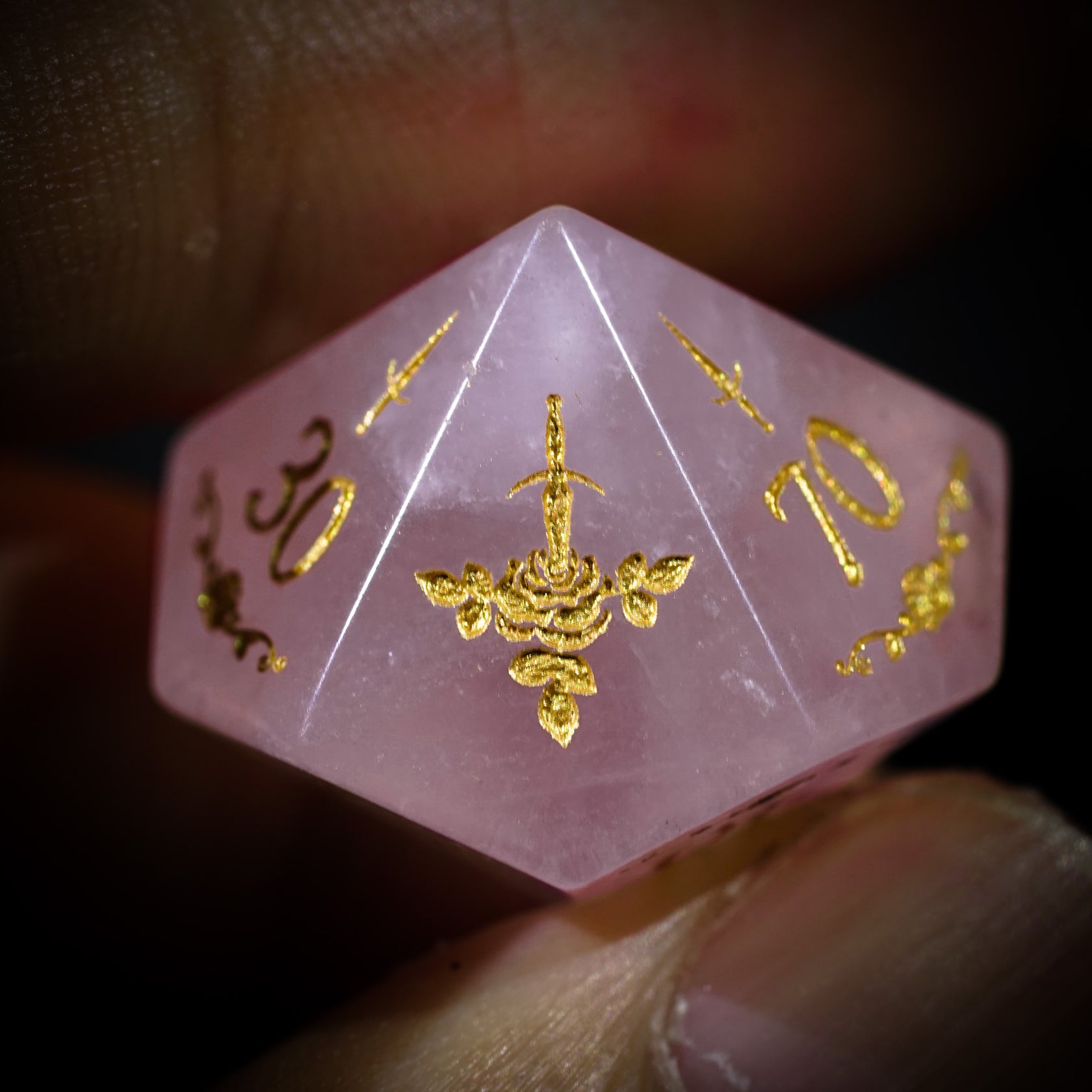 Rose Quartz Gemstone Rogue Rose Motif DnD D&D Dice Set