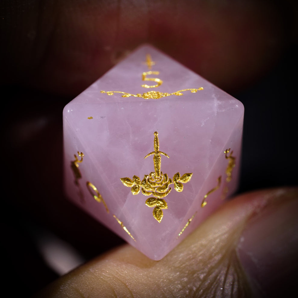 Rose Quartz Gemstone Rogue Rose Motif DnD D&D Dice Set – CrystalMaggie