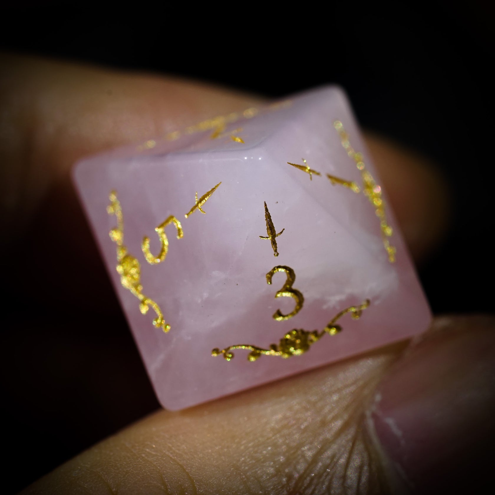 Rose Quartz Gemstone Rogue Rose Motif DnD D&D Dice Set