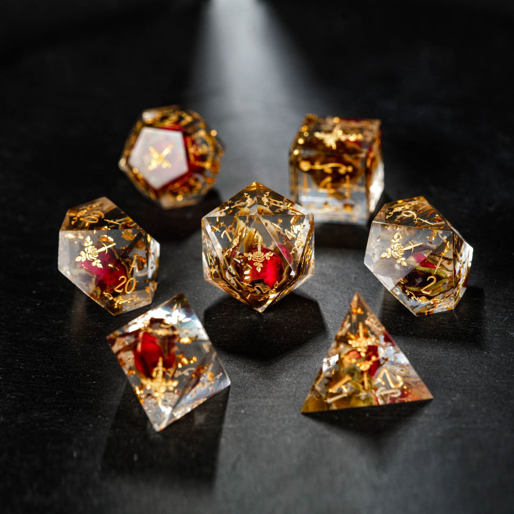 Rose Bud Glitter Resin Rogue Rose Motif DnD D&D Dice Set – CrystalMaggie